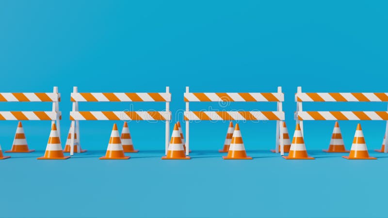 Moving by Line of Orange Traffic Cones and Barrier on Blue Background ...