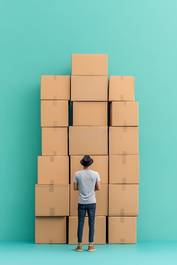 Moving in: Man Facing Tall Stack of Cardboard Boxes Symbolizing ...