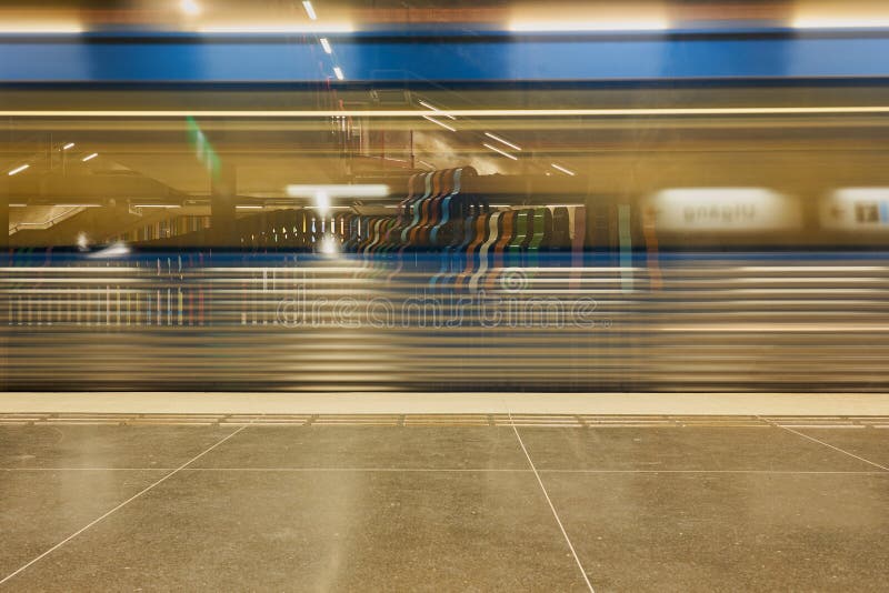 Moving Metro Train on a Station Background. Stock Image - Image of ...