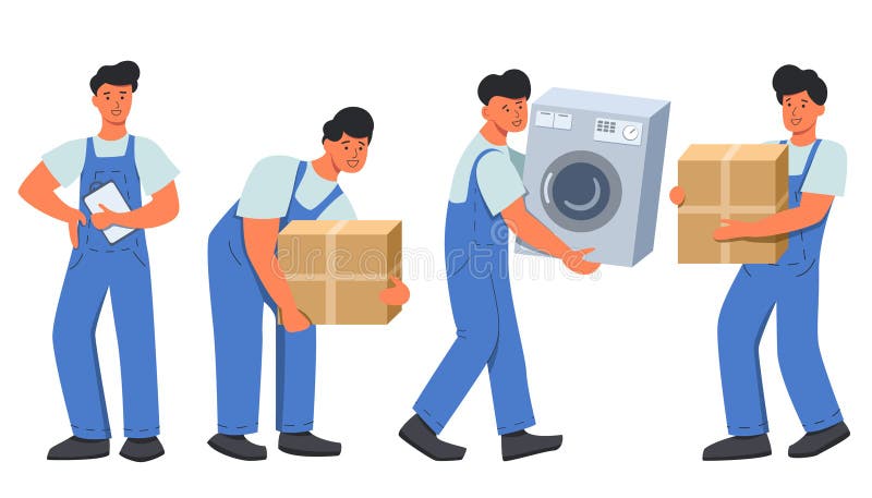 Moving Service. Delivery Service Workers Loading Boxes and Washing ...