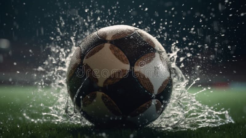 Moving Soccer Ball Around Splash Drops on the Stadium Field Stock ...