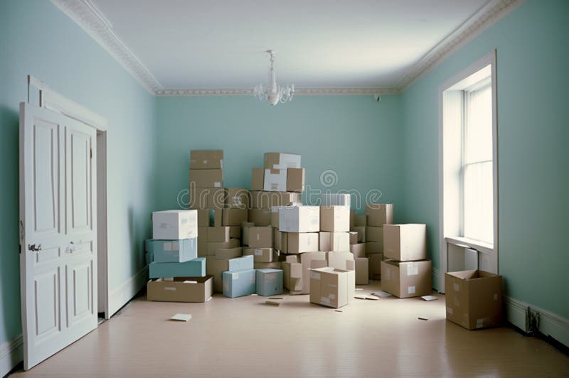 Moving in. Stack of Cardboard Boxes in the Empty Room with Copy Space ...