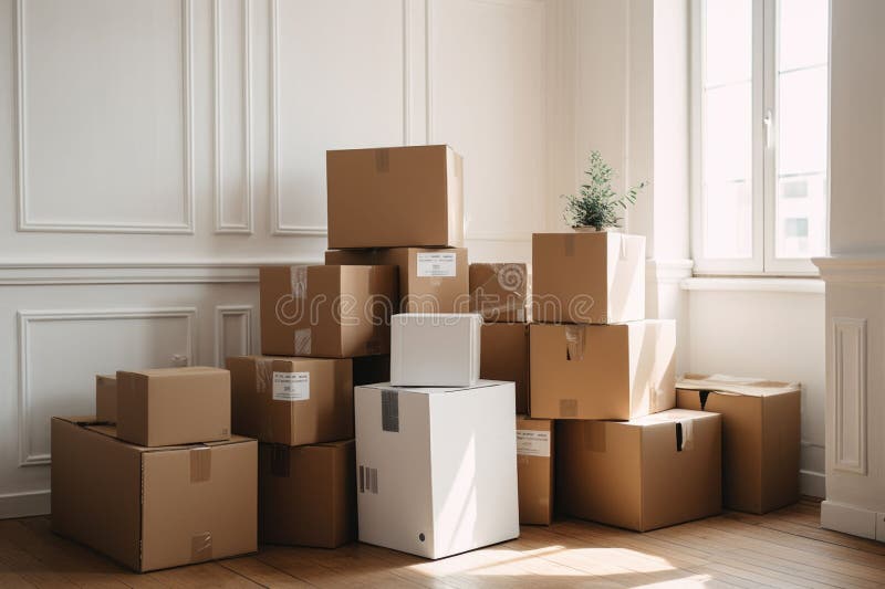 Moving in. Stack of Cardboard Boxes in the Empty Room Stock ...