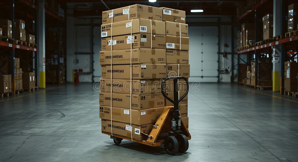 Moving Stacked Boxes on Pallet Jack in Warehouse for Logistics Stock ...