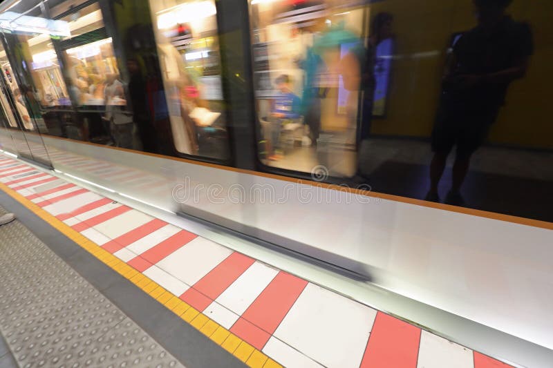 Moving Subway Car at the Departure in the Underground Terminus Stock ...
