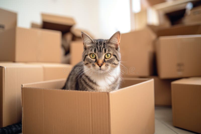 Moving To New Home, Donation Concept. Stack of Cardboard Boxes and Cat ...