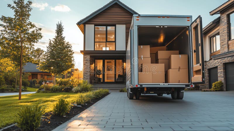 Moving Trailer Parked in Driveway with Boxes Ready for Relocation Stock ...