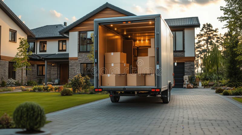 Moving Trailer Parked in Driveway Filled with Boxes, Ready for ...