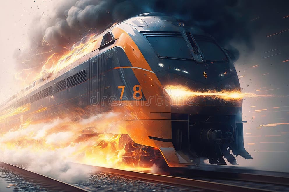 Moving Train on Fire on the Railway, Illustration Generated by AI Stock ...