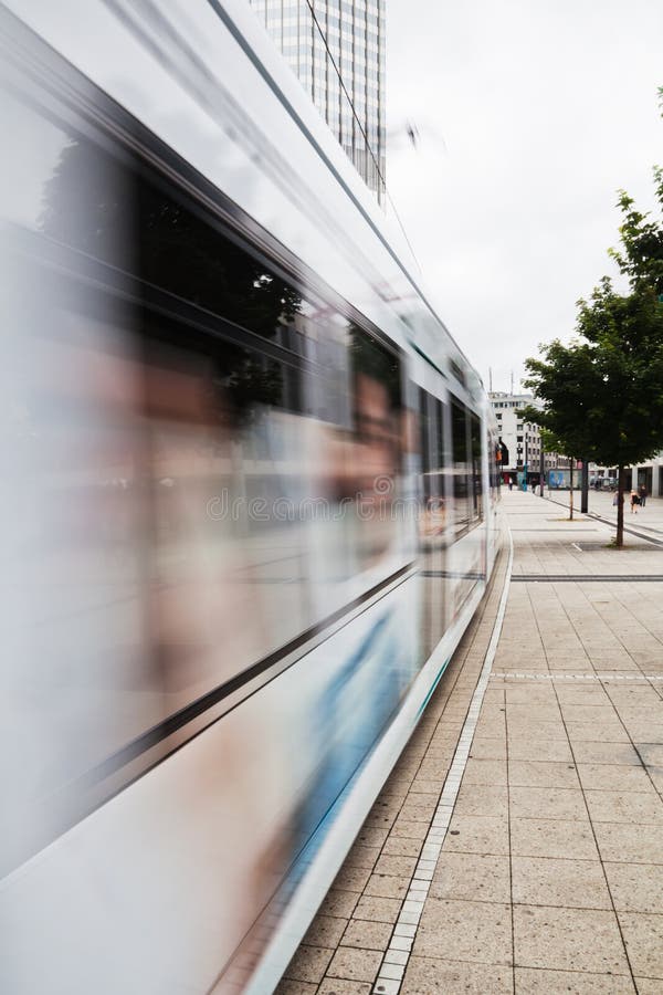 Moving tram in the city stock image. Image of blurry - 32226491