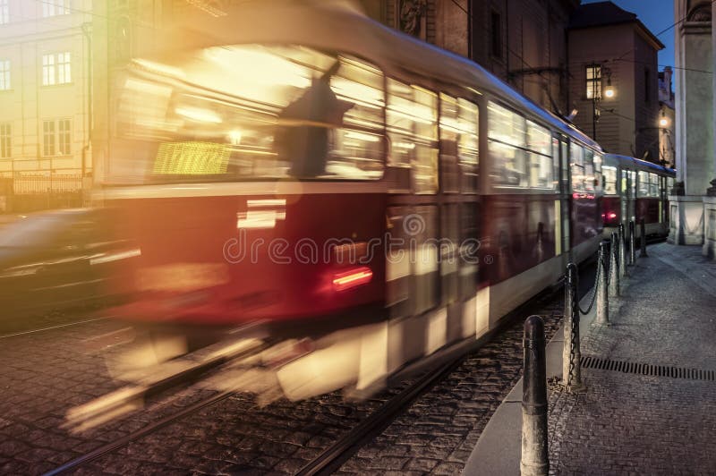 Moving Tram at Night at Prague Stock Photo - Image of town, motion ...