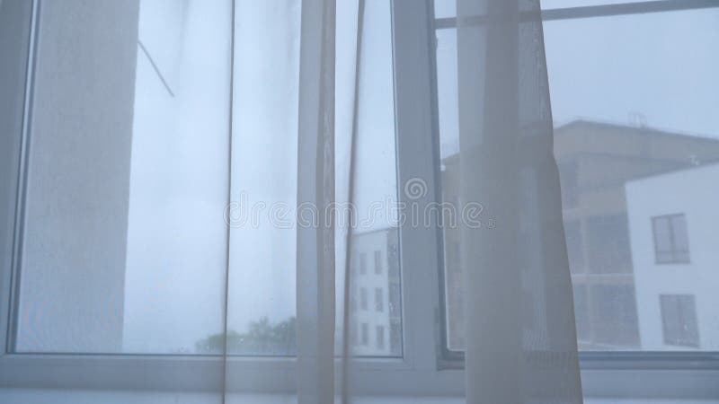 Moving Transparent Curtains on the Window on a Rainy Day Stock Footage ...