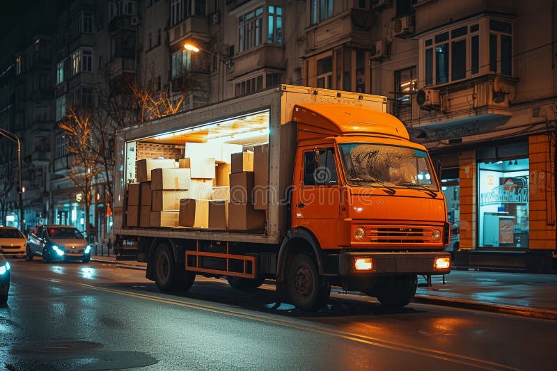 Moving Truck Loaded with Boxes Outside and Inside an Apartment Ready ...