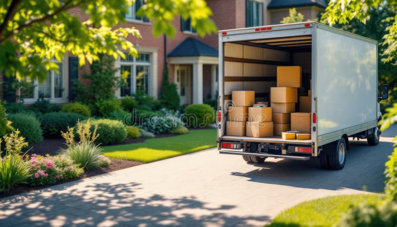 Moving Truck Unloading Boxes in Suburban Driveway with Red Brick House ...