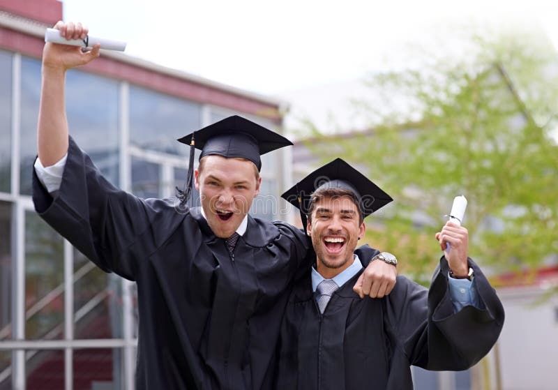 Moving on. Two Guy Friends Celebrating on Their Graduation Day. Stock ...