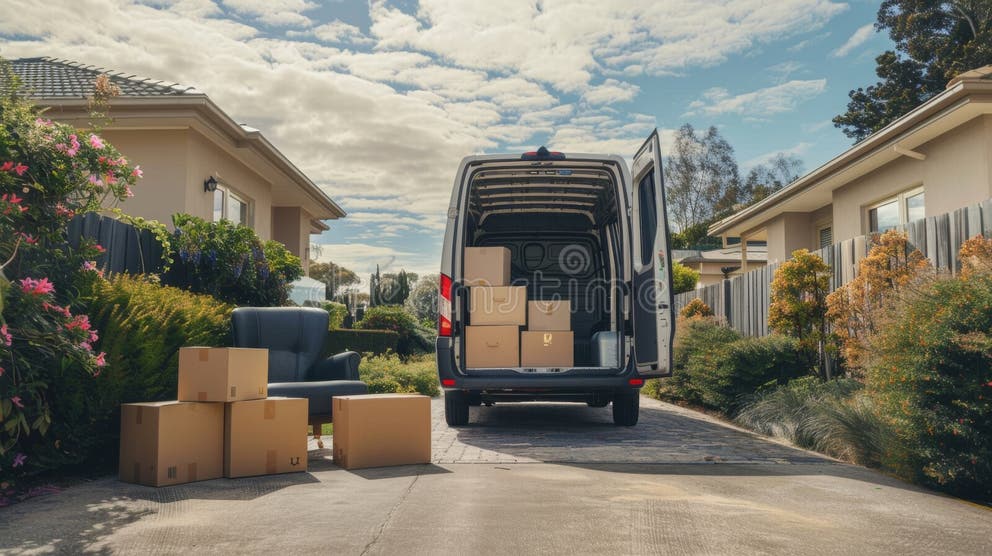 A Moving Van and Boxes.AI Generated Image Stock Photo - Image of chair ...