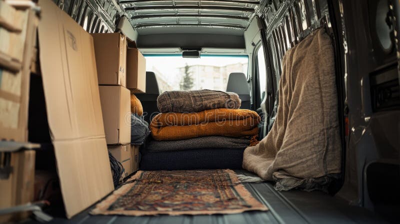 Moving Van Interior with Packed Boxes and Blankets Ready for Relocation ...