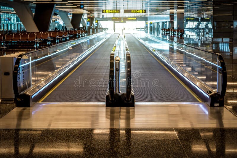 Moving Walkways, Flat Escalator in Airport Stock Photo - Image of ...