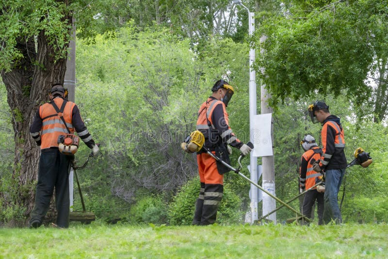 Mowing Grass and Lawns. Three Workers Mow Lawns with Lawn Mowers in the ...