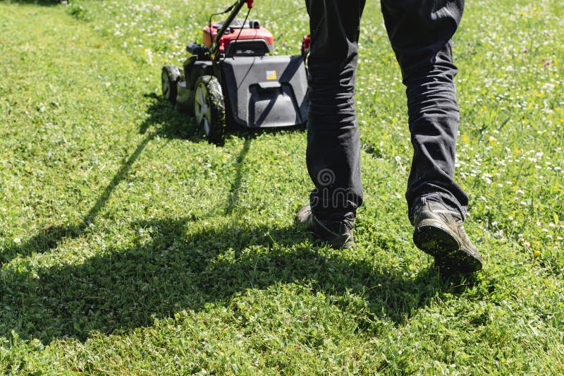 Mowing the Lawn with a Machine in a Garden Stock Image - Image of ...