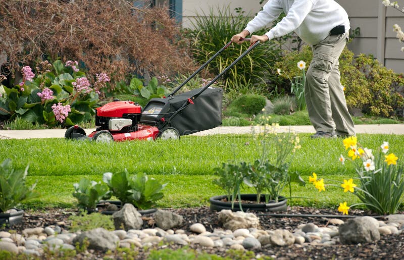 Mowing the Lawn on a Spring Day Stock Photo - Image of mower, landscape ...