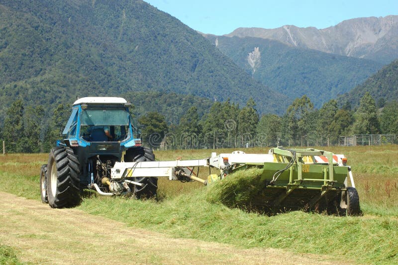 Pasture Mowing with Blue Tractor Stock Photo - Image of farmer ...