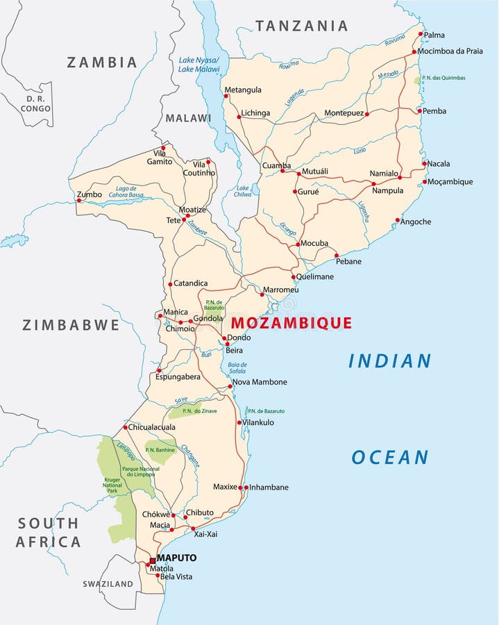 Mozambique road map stock vector. Illustration of blue - 47477313