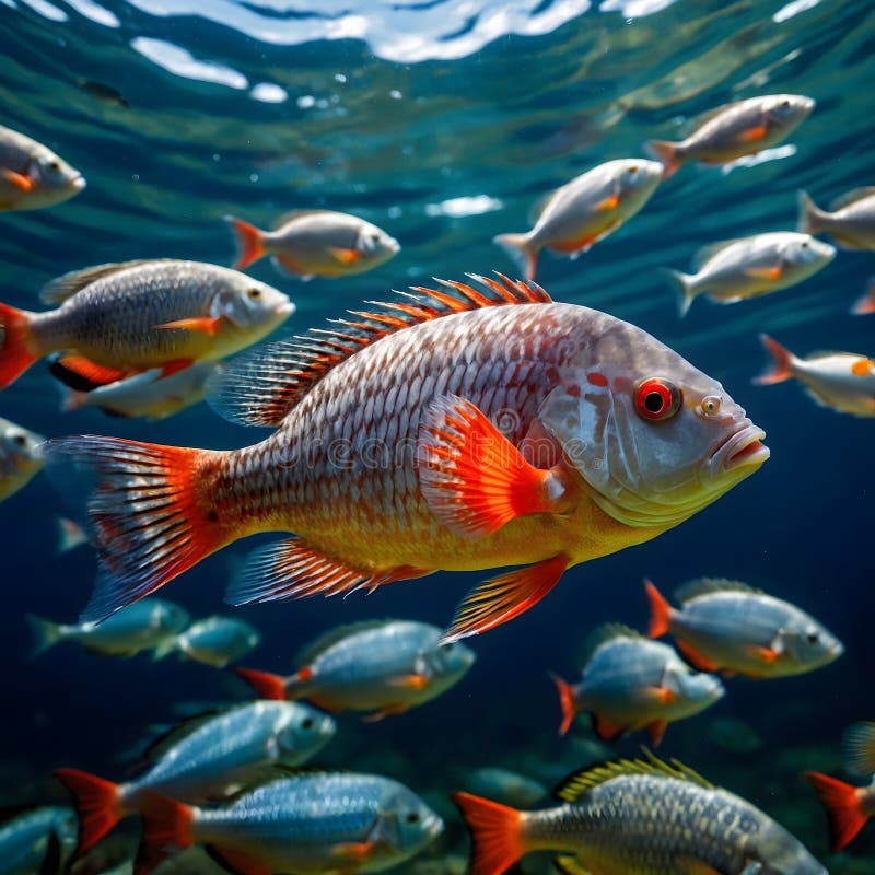 Mozambique Tilapia Moving Gracefully through a School of Fish Stock ...