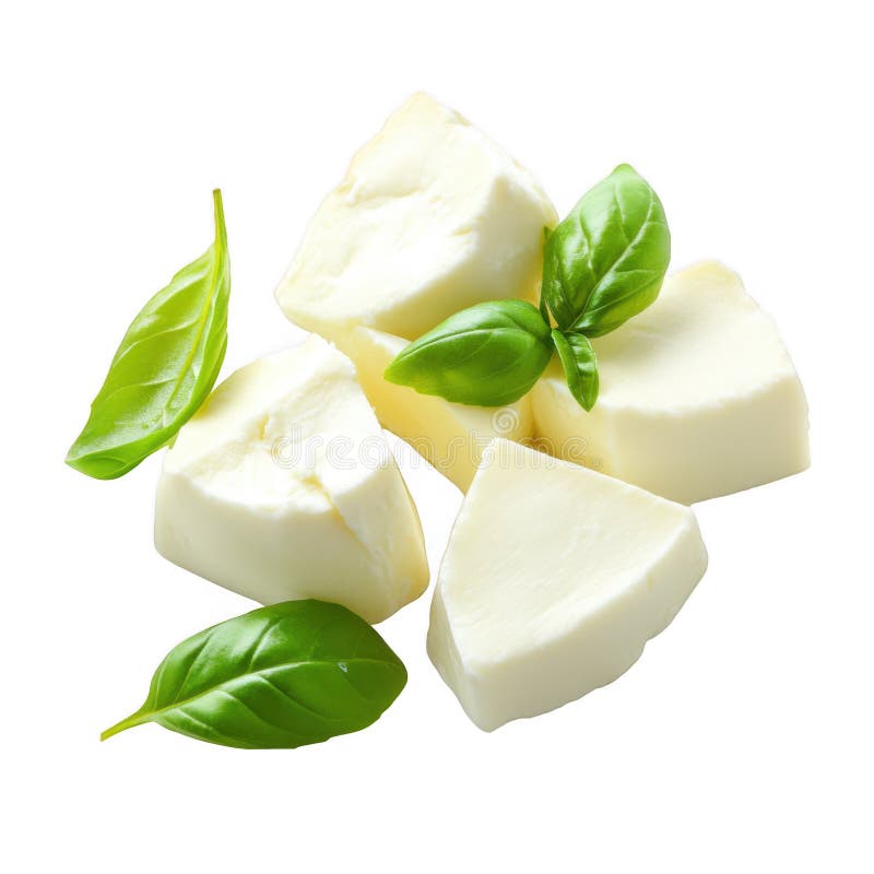 Mozzarella Cheese with Basil Leaves, Isolated on Transparent Background ...