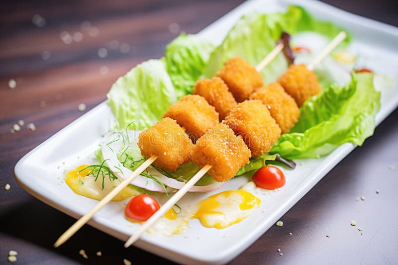 Mozzarella Sticks on Skewers Over a Bed of Lettuce Stock Image - Image ...