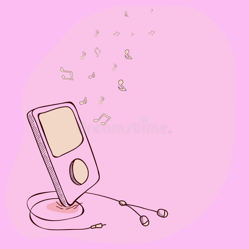 Mp3 Player Playing with Earphones, Music Notes on Pink Background and ...