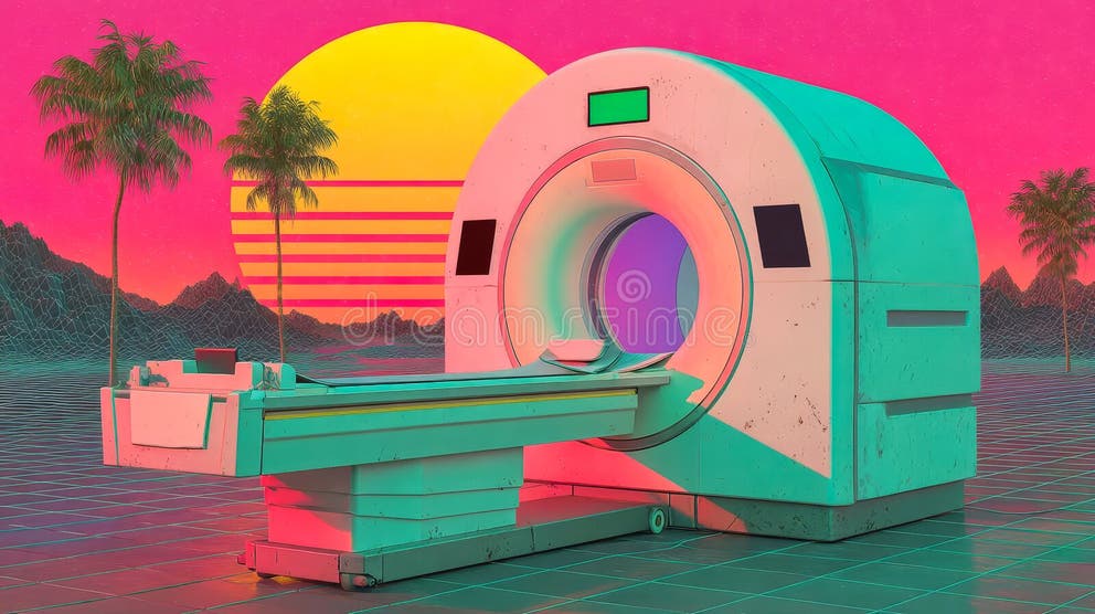 MRI Machine Glowing with Neon Lights and Angular Vintage Design Against ...