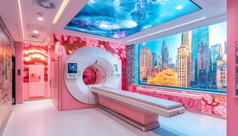 An MRI Machine within a Pink Toned Room Overlooking a City Stock Photo ...