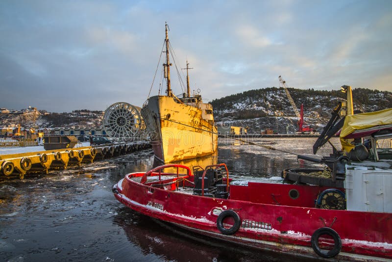 Ms hamen being towed stock image. Image of harbor, nordic - 28101209