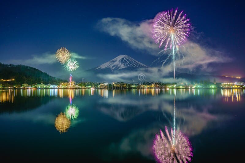 Mt Fuji Fullmoon Fireworks stock photo. Image of light - 140873996