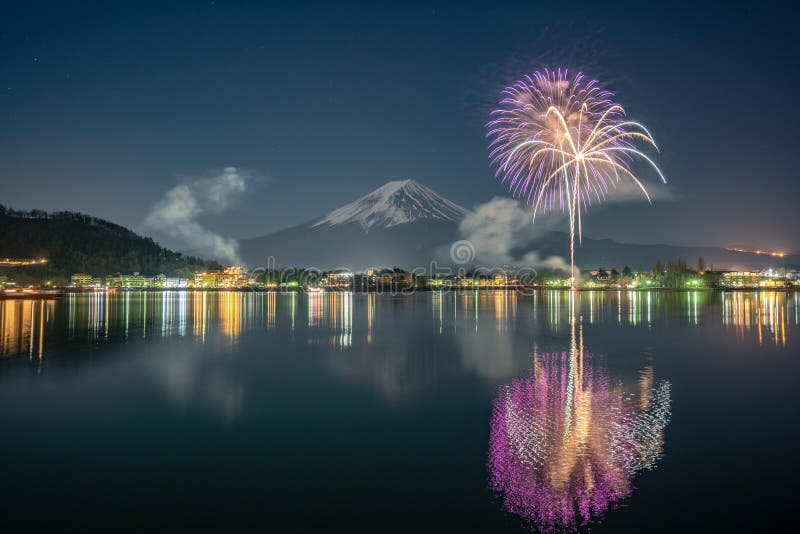 Mt Fuji Fullmoon Fireworks stock image. Image of hertiage - 140874129