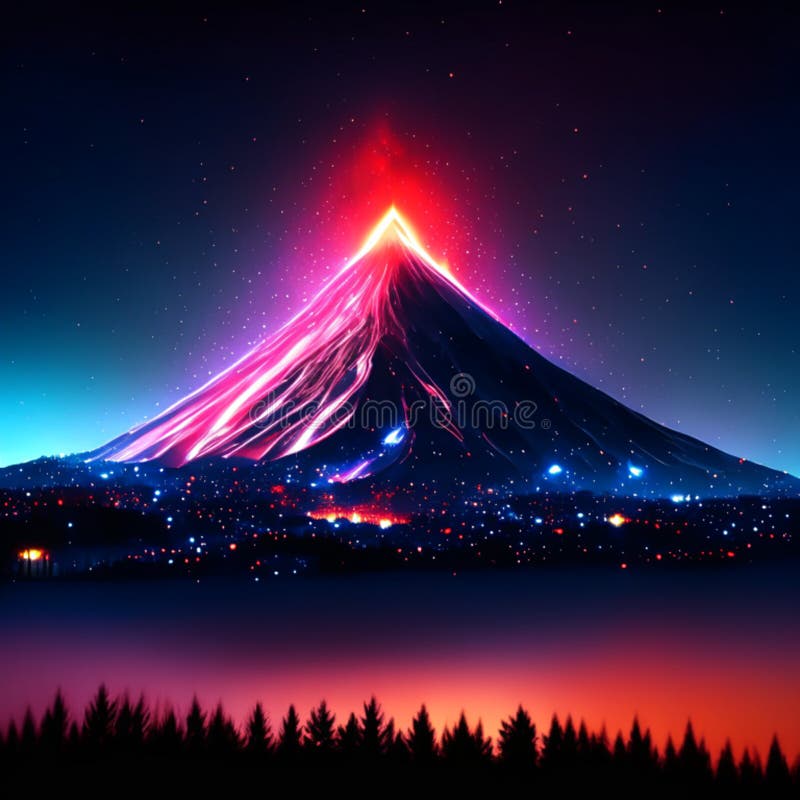 Mt. Fuji at Night with Red Light. Vector Illustration Stock ...