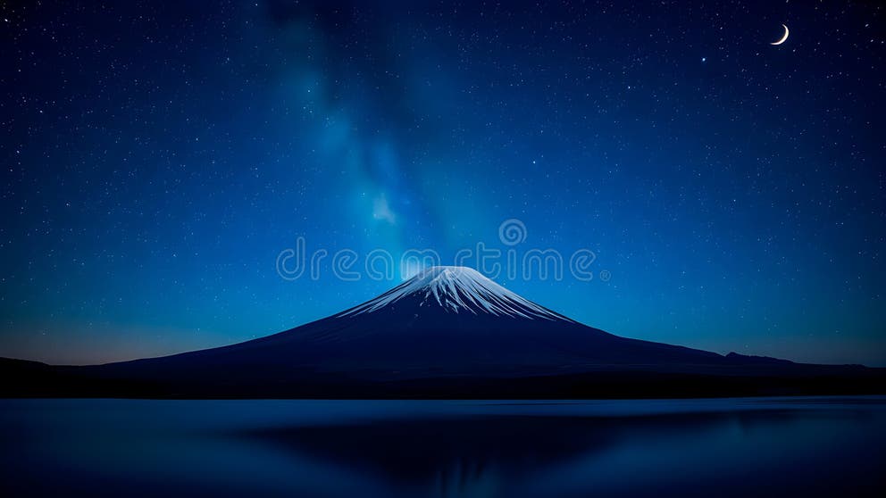 Mt Fuji at Night with Starry Sky and Reflection in Lake Stock ...