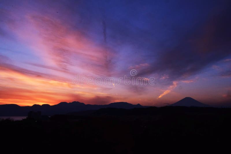 Mt.Fuji Silhouette of the Setting Sun Stock Image - Image of spectacle ...