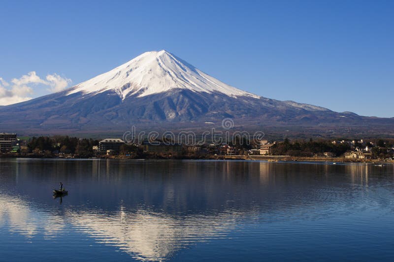 Mt Fuji View from the Lake with a Boat and Reflection Stock Photo ...