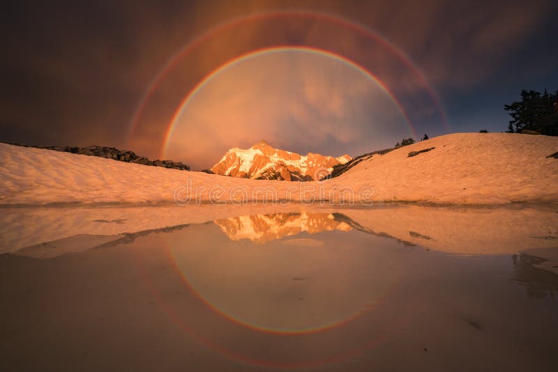 Mt Shuksan Double Rainbow and Reflections in Sunset Lighting Stock ...