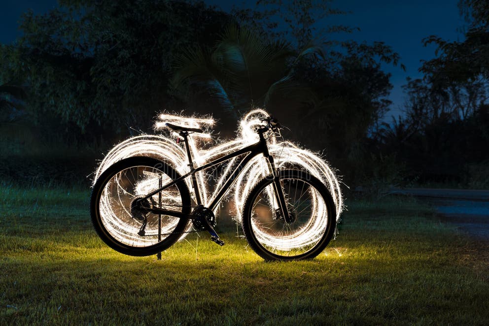 MTB with firework stock image. Image of landscape, night - 84165551