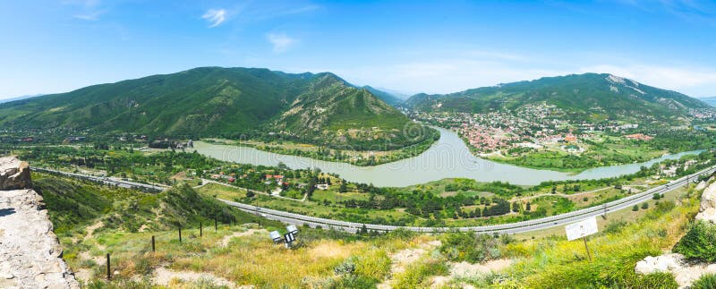Mtskheta Town with River Panoramic Stock Photo - Image of church, blue ...