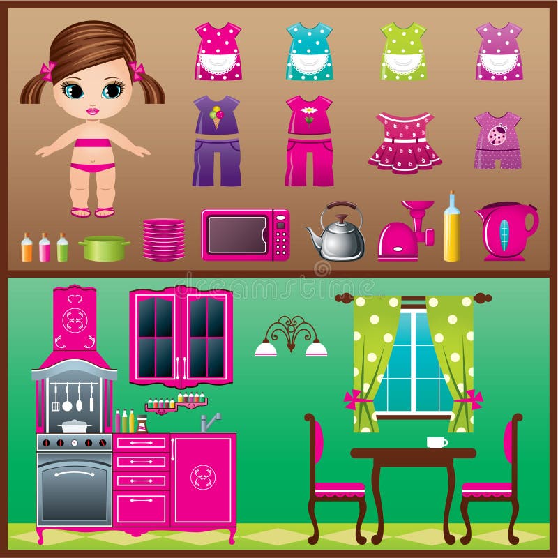 Muñeca De Papel Con Un Conjunto De Ropa Y De Un Cuarto Ilustración del ...