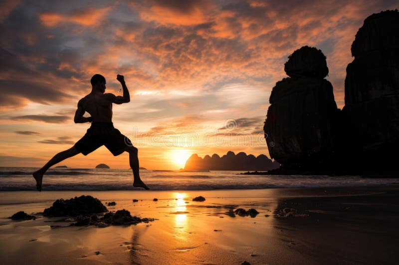 Muay Thai Fighter Performing a High Kick during Sunset on a Beach Stock ...