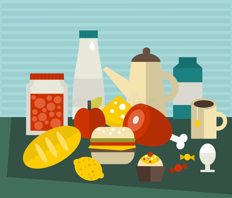 Mucha Diversa Comida En La Tabla. Ilustración del Vector - Ilustración ...