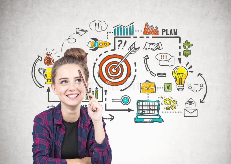 Muchacha Adolescente Sonriente Que Piensa, Metas De Negocio Grises ...