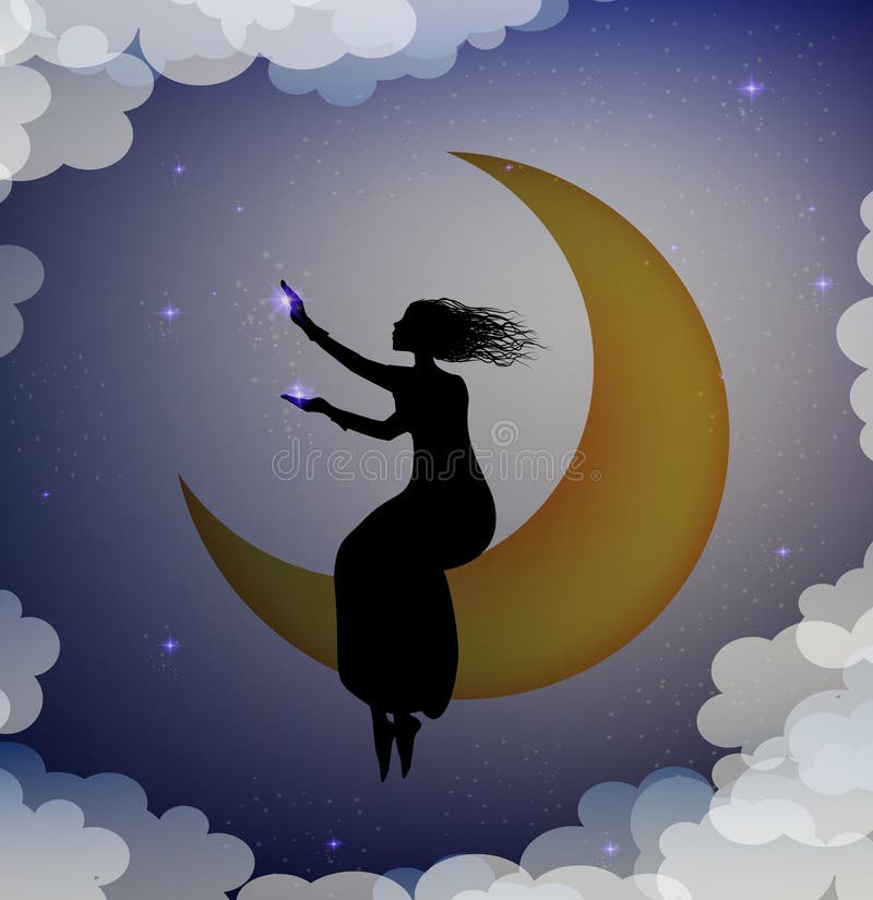 Muchacha De La Luna, Silueta De Hadas Que Se Sienta En La Luna ... Muchacha De La Luna, Silueta De Hadas Que Se Sienta En La Luna ...