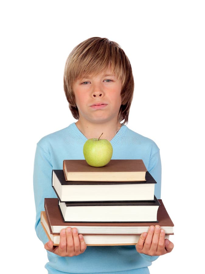 Muchacho Del Preadolescente Con Muchos Libros Cansados Imagen de ...