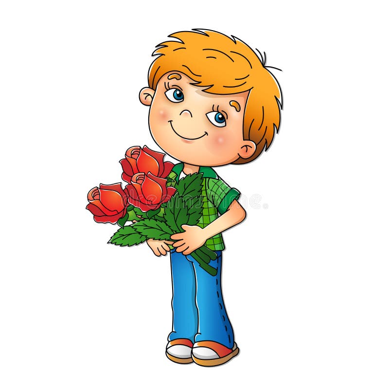 Muchacho Encantador Que Sostiene Un Ramo De Rosas Ilustración del ...